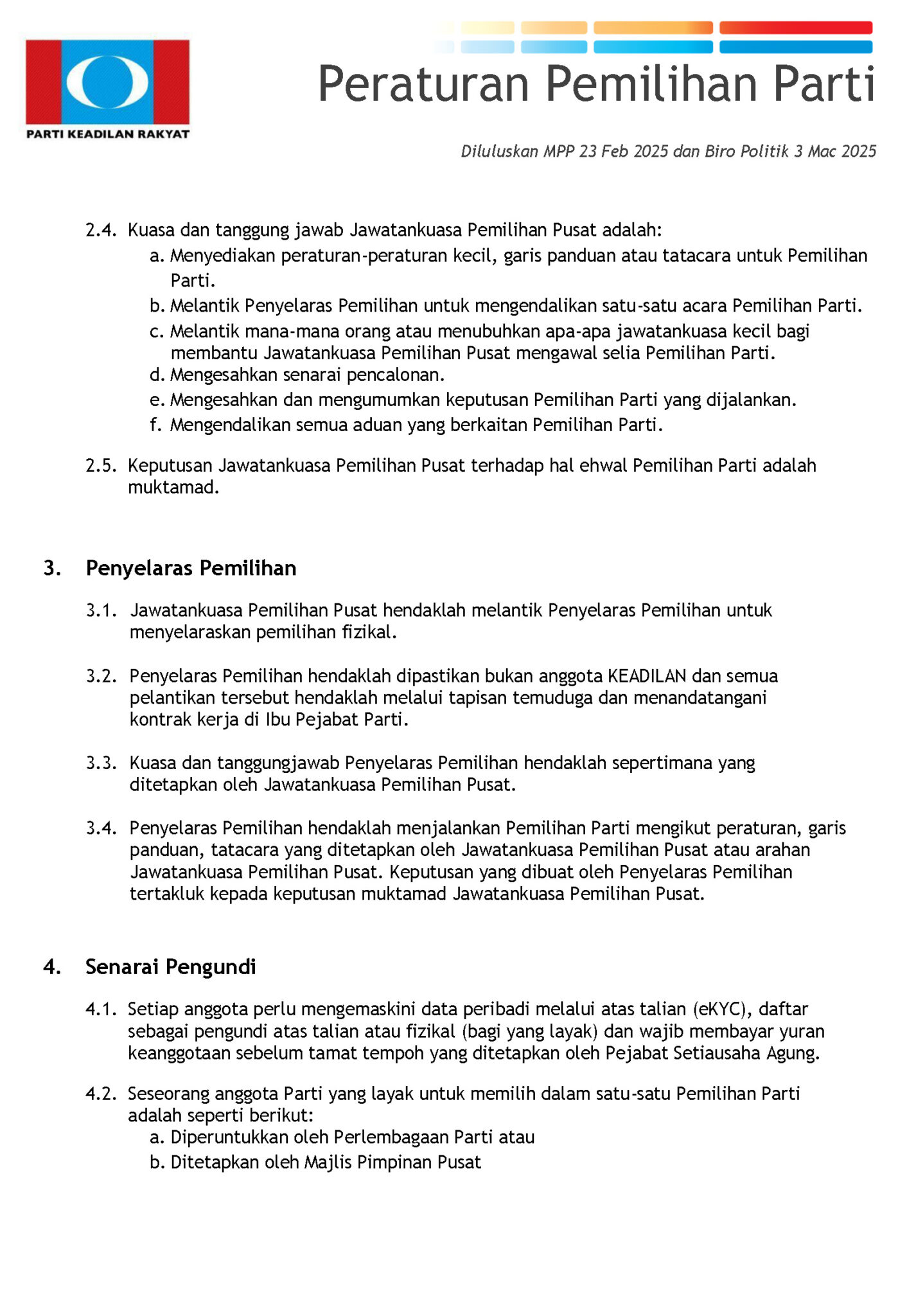 Garis Panduan Pemilihan 2025 - Parti Keadilan Rakyat