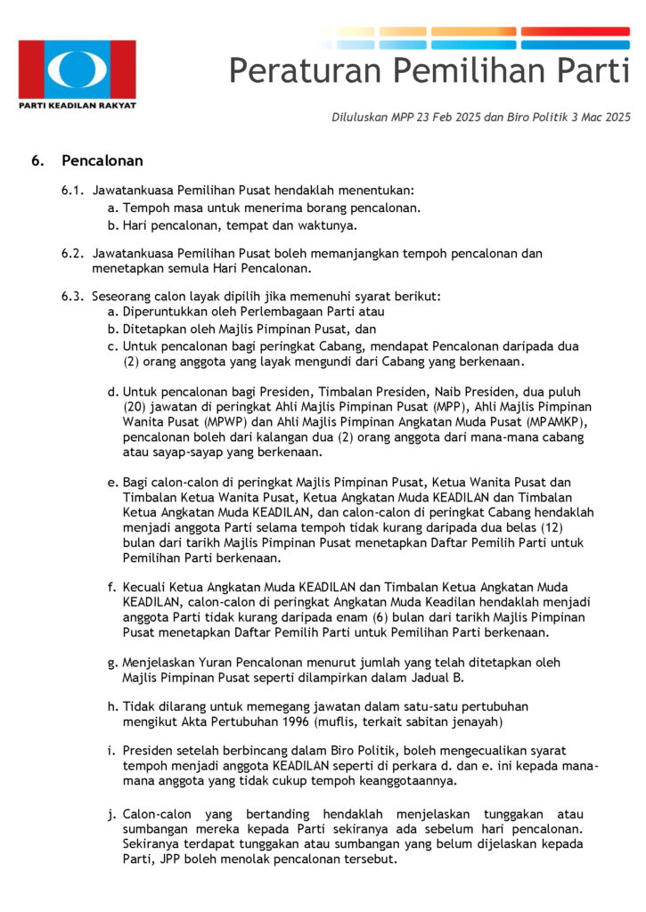 Garis Panduan Pemilihan 2025 - Parti Keadilan Rakyat