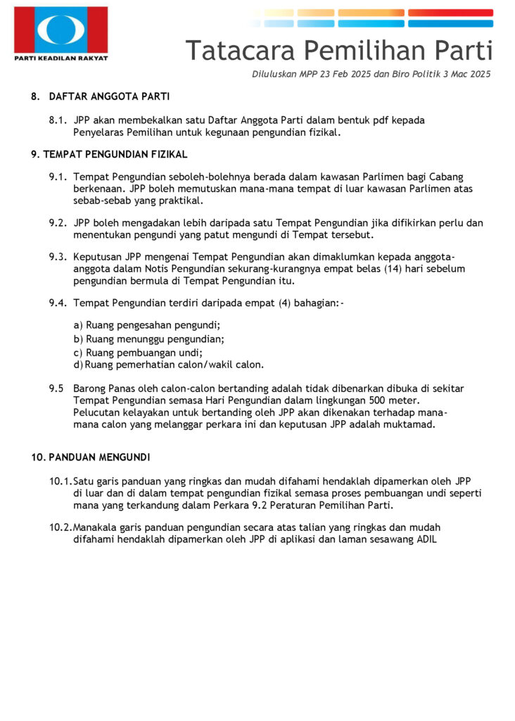 Garis Panduan Pemilihan 2025 - Parti Keadilan Rakyat